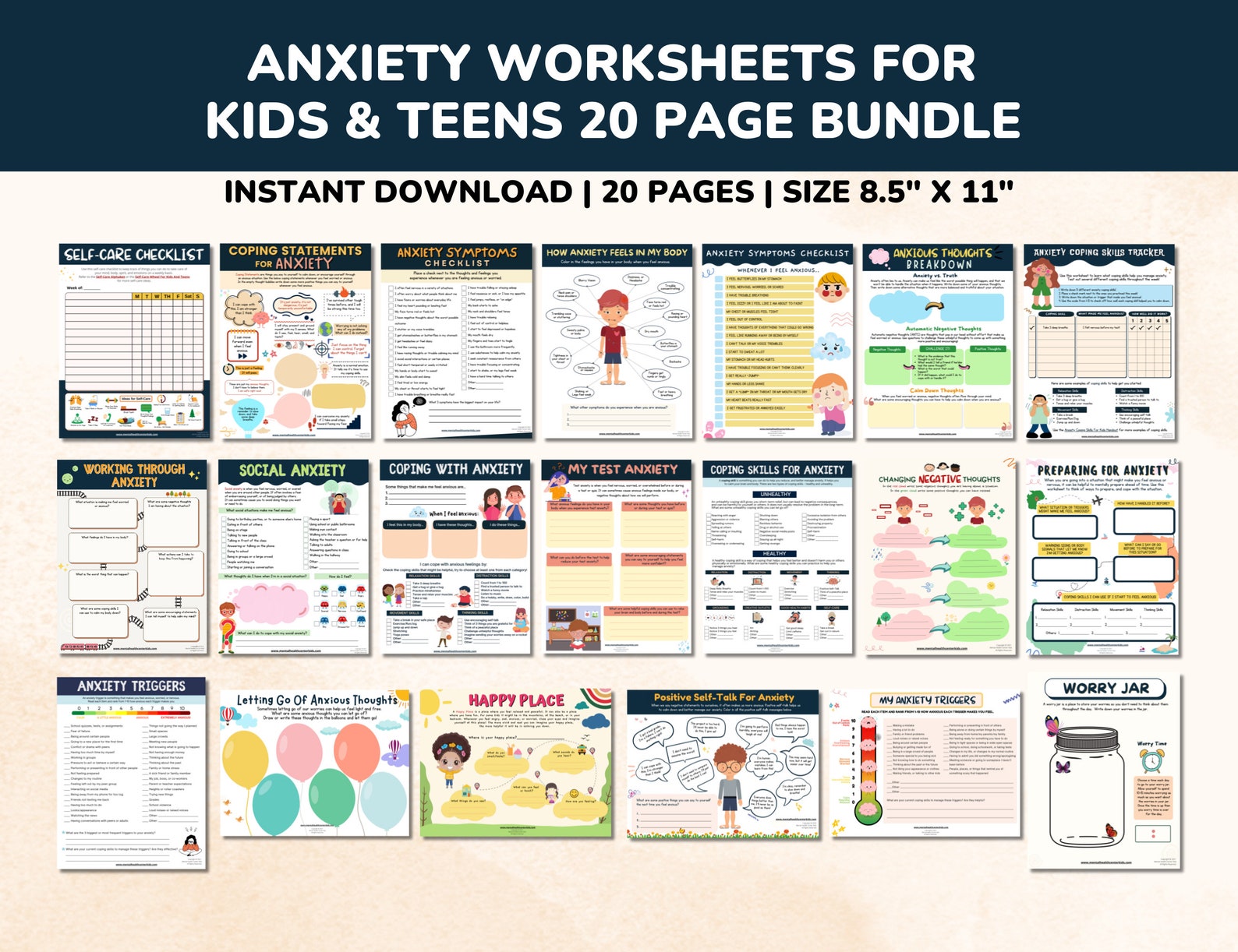 Anxiety Worksheets 20 Pg Printable Bundle for Kids & Teens-child ...