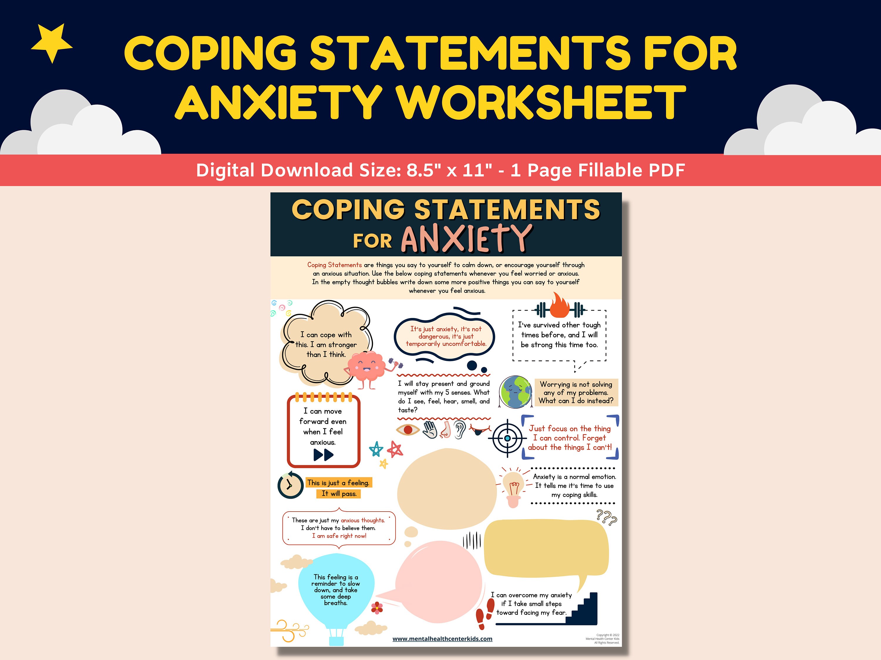 Anxiety Coping Statements Worksheet Kids Teens Anxiety Relief CBT ...