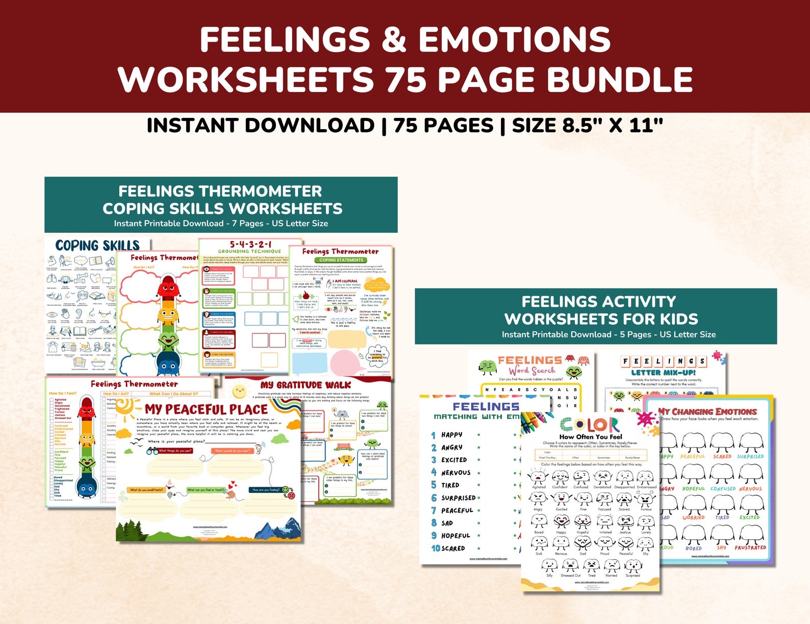 Feelings & Emotions Worksheets Chart 75 Pg Printable Bundle-coping ...