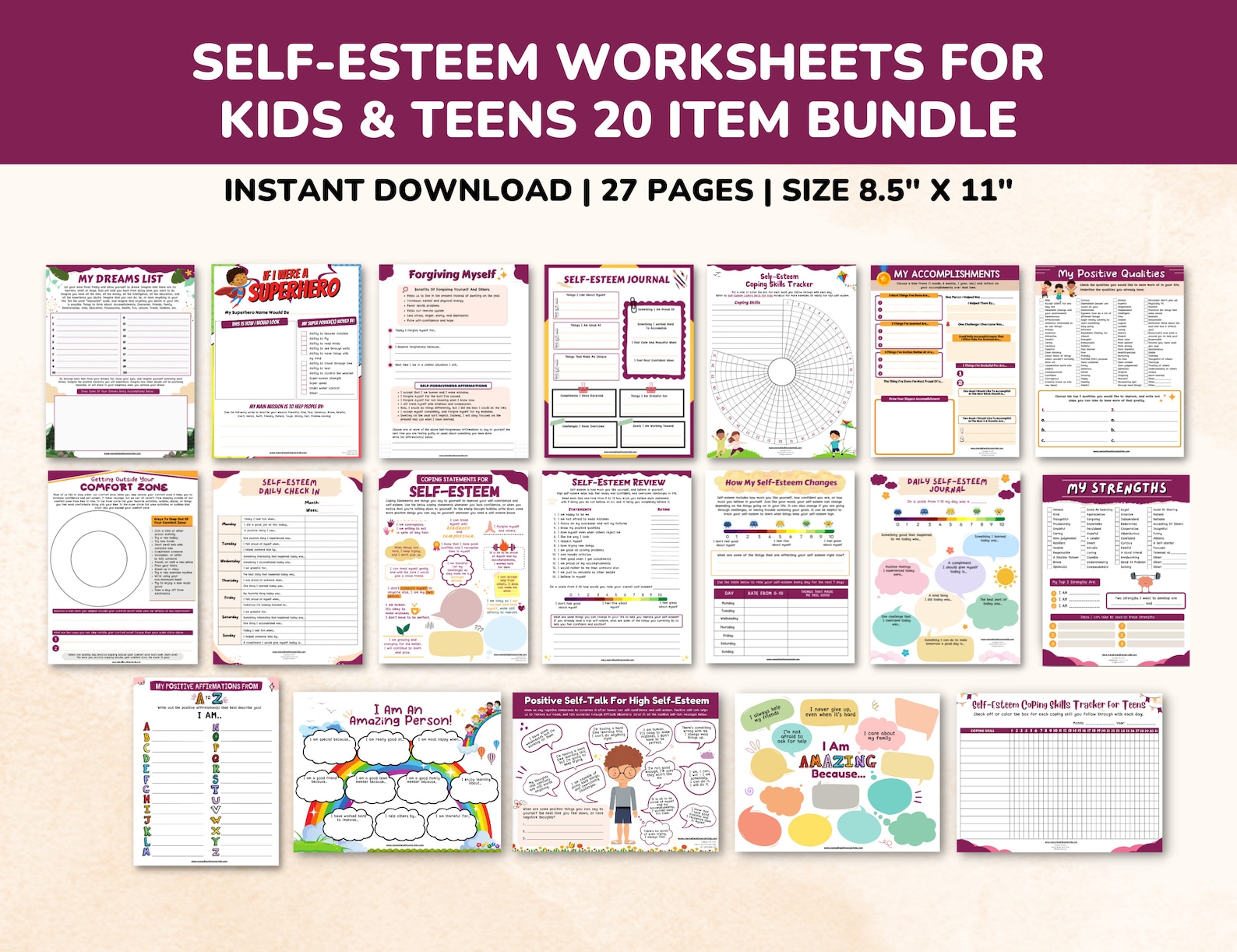 Self-esteem Worksheets 20 Item Printable Bundle for Kids & Teens-mental ...