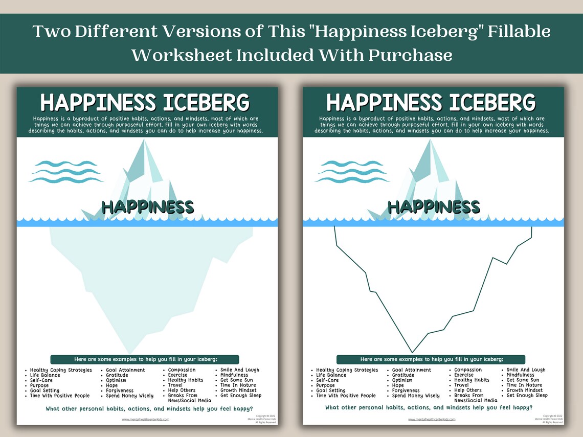 Happiness Iceberg Mental Health Fillable Worksheet Depression ...