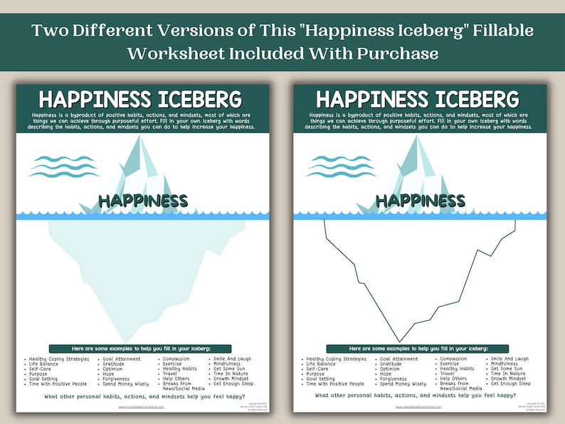 Happiness Iceberg Mental Health Fillable Worksheet Depression - Etsy