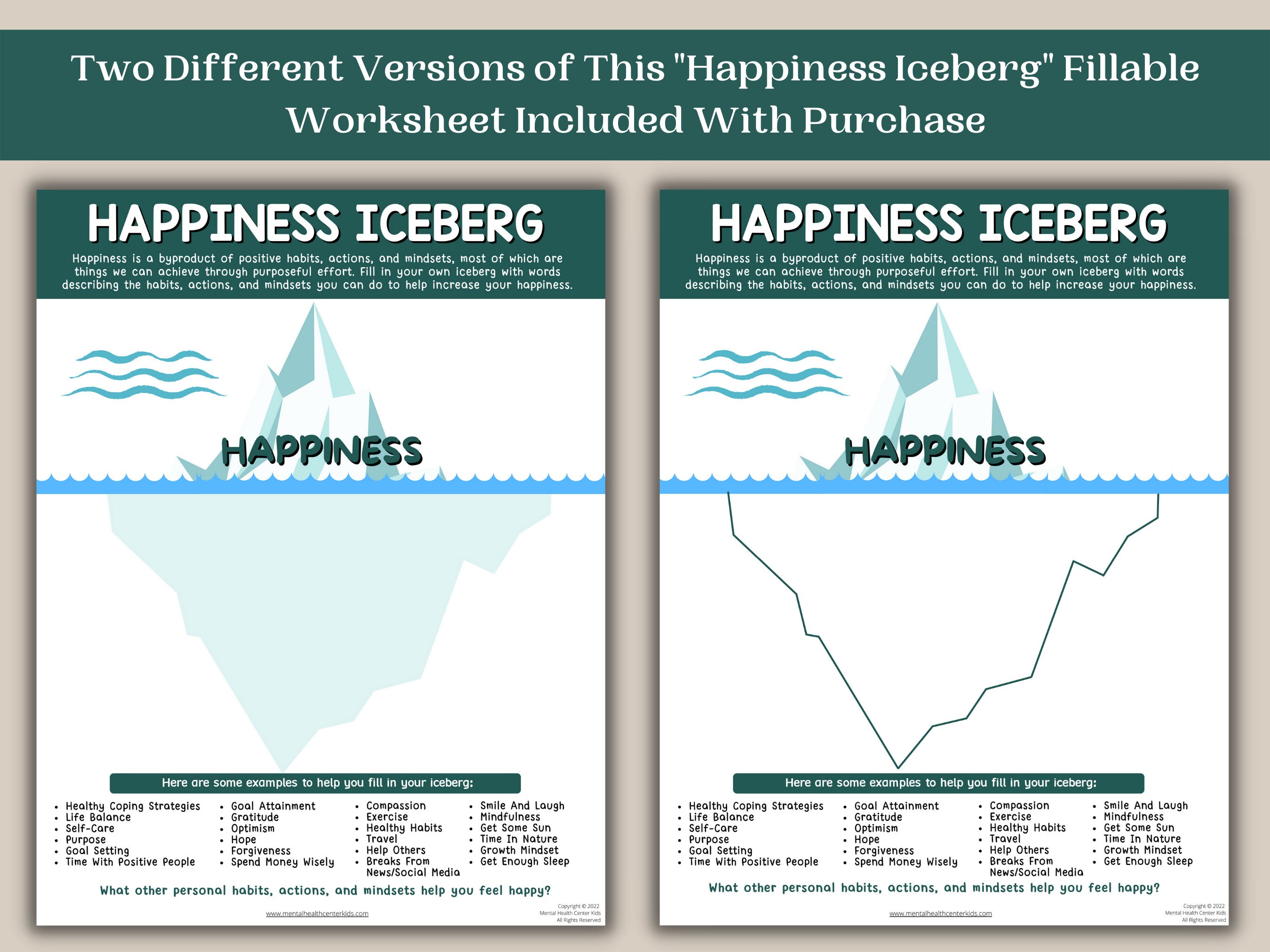 Happiness Iceberg Mental Health Fillable Worksheet Depression ...