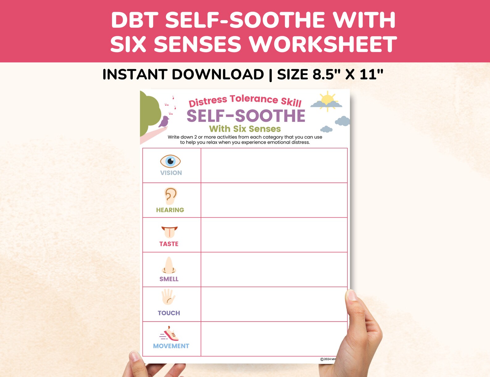DBT Self-soothe With 6 Senses Worksheets 3-pages-distress Tolerance ...