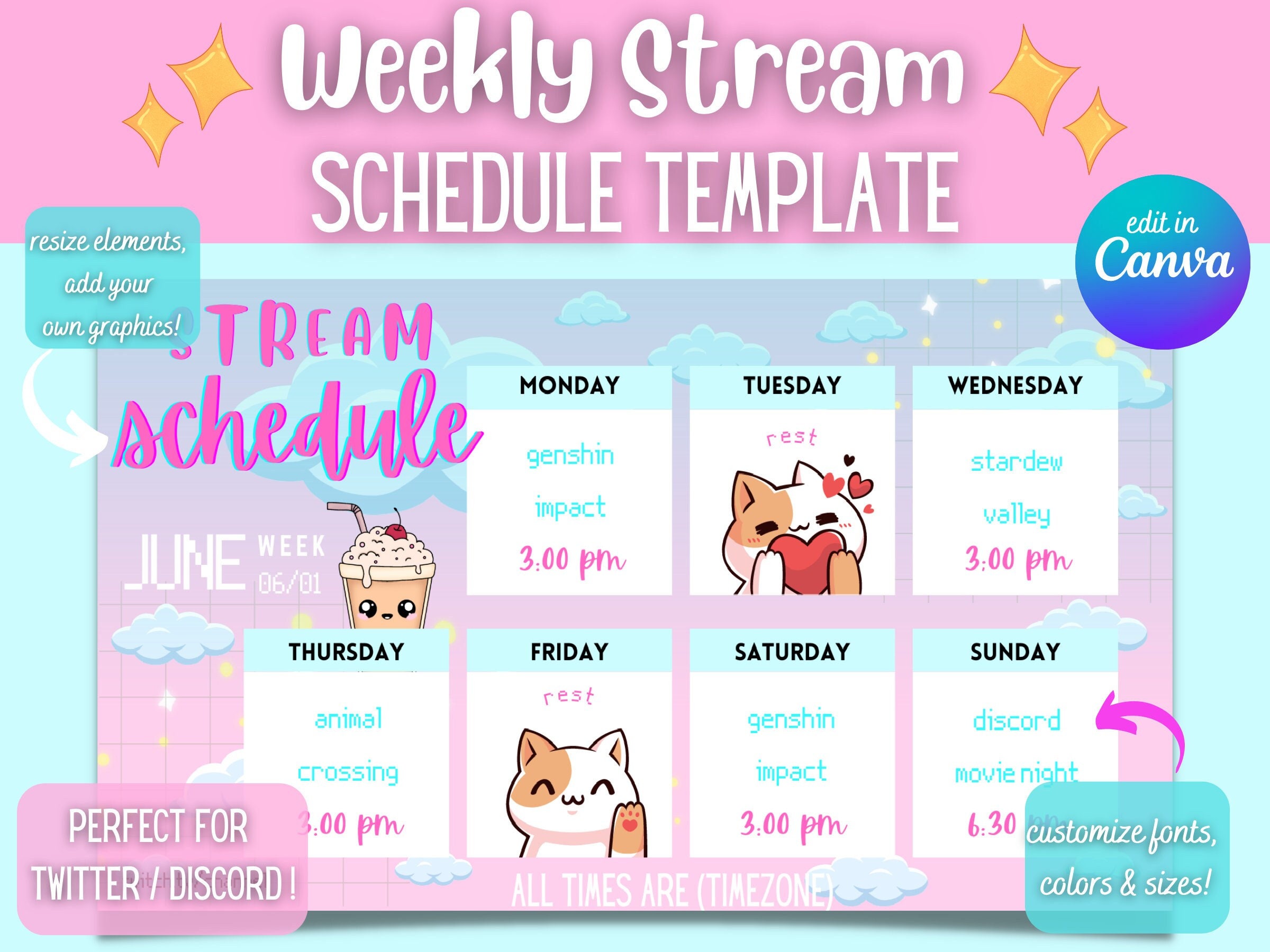 Aesthetic Pink Blue Pastel Twitch Youtube Stream Schedule Template ...