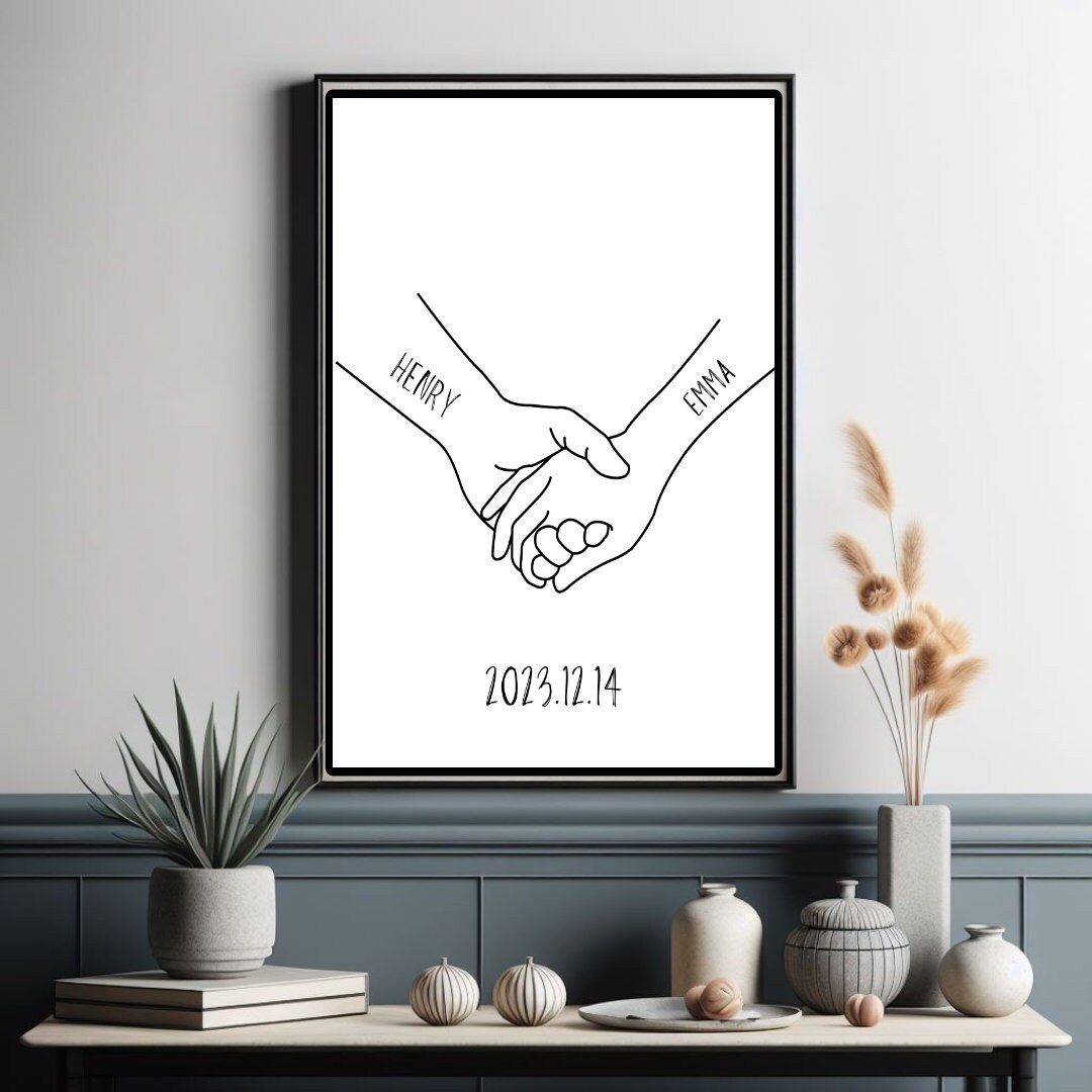 Holding Hands Line Art, Personalized, Customized Drawing Print, Couple ...