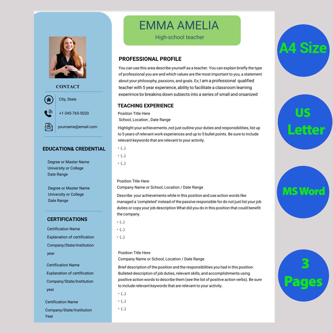 Teacher Resume Template for Word,cover Letter, Teacher CV Template ...