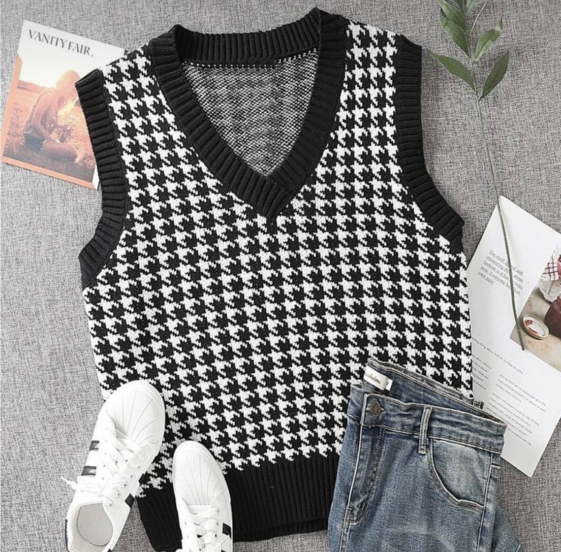 Houndstooth Sweater Vest V Neck Etsy