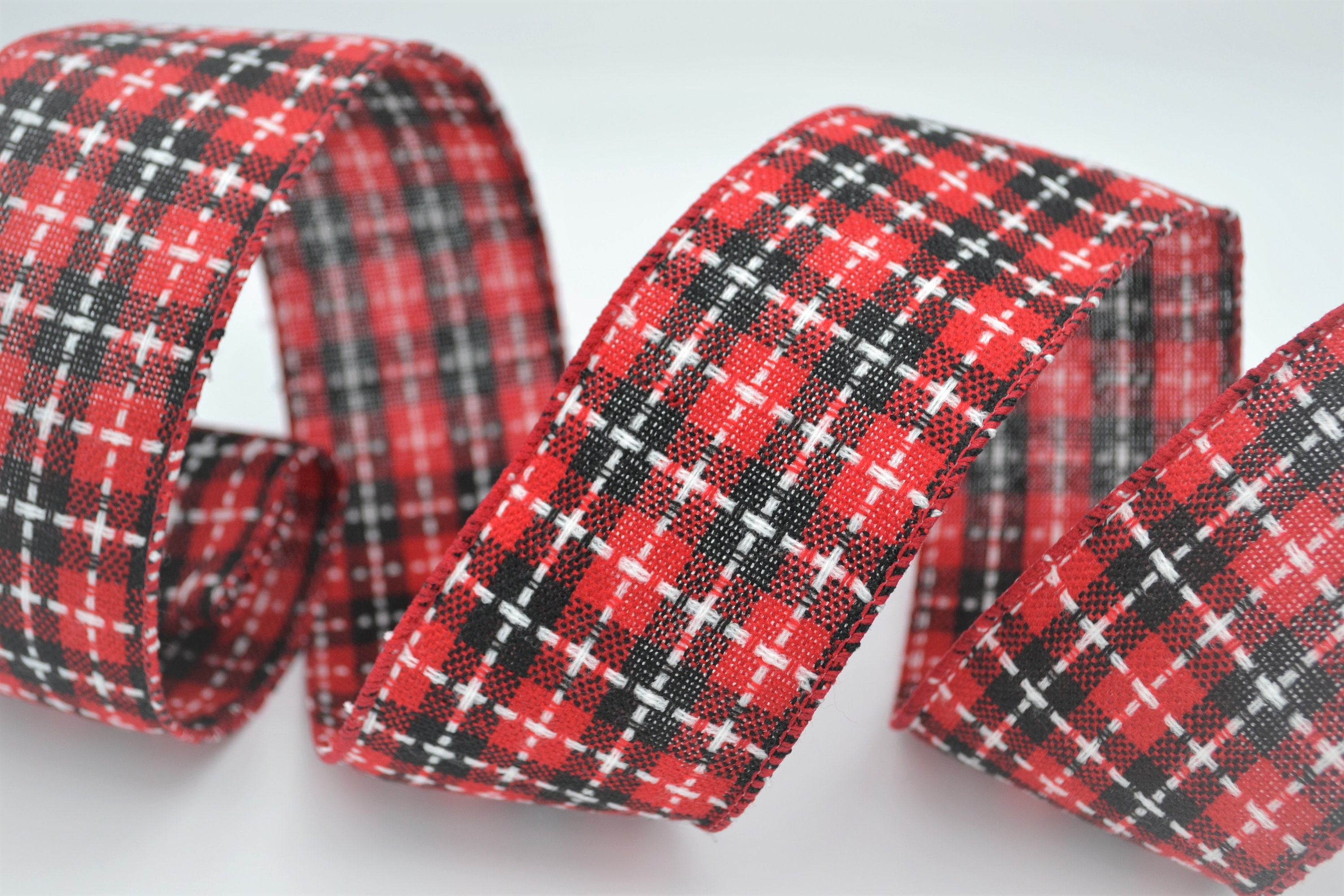 Red and Black Plaid Ribbon With White Stitching Wired 2.5in | Etsy