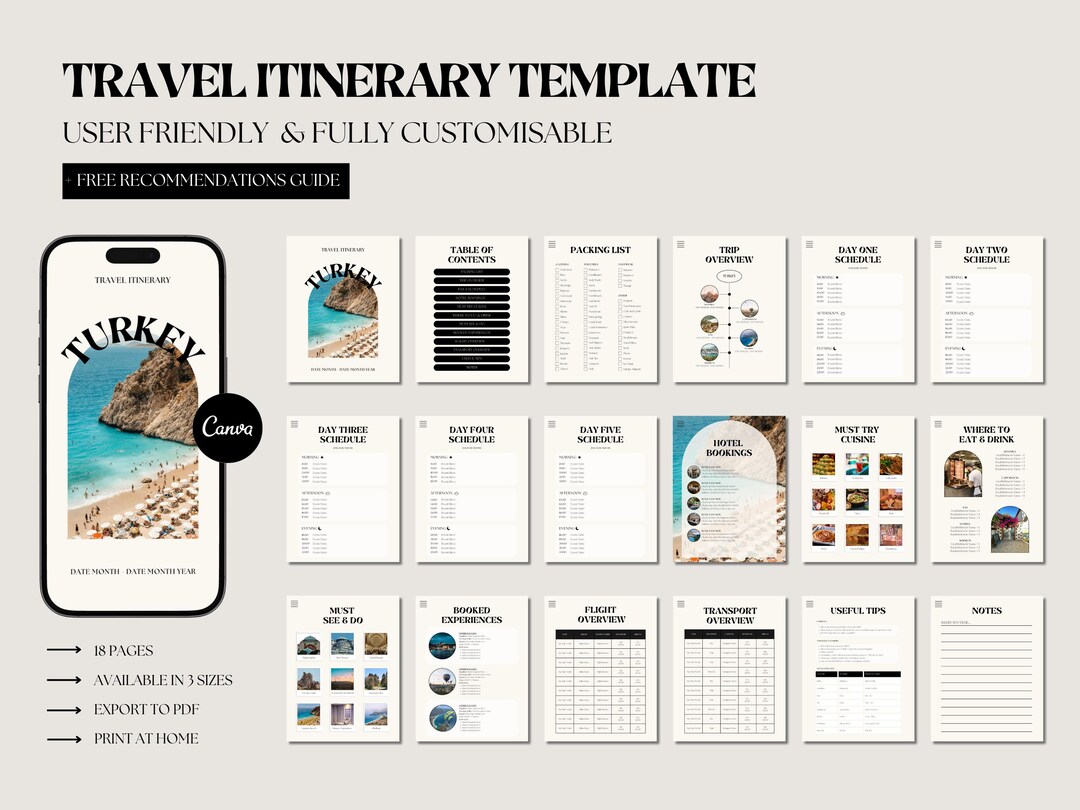 Editable Travel Itinerary Template: Canva Trip Planner (digital ...