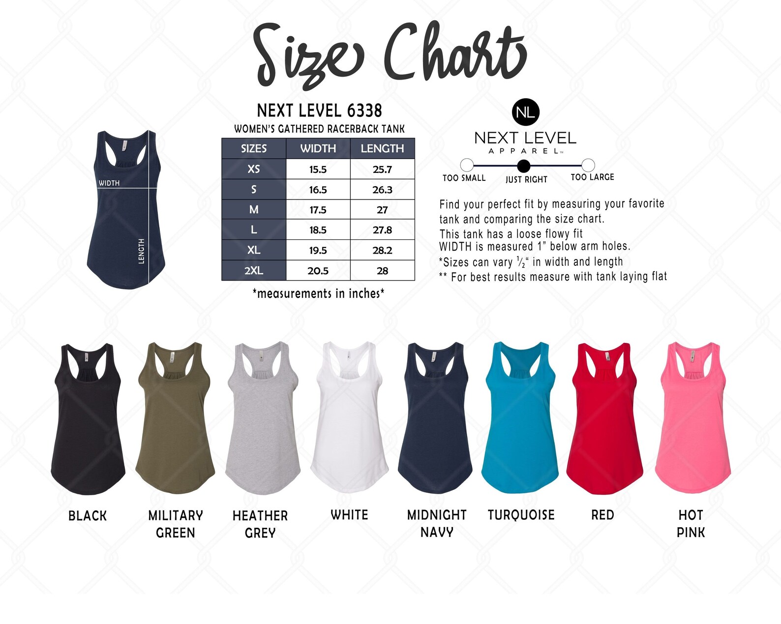 Next Level 6338 Size Color Chart ALL 8 COLORS Next Level Racerback Tank ...