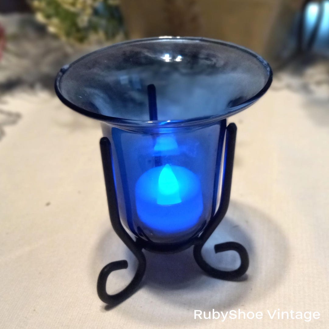 Vintage Cobalt Blue Glass Candle Holder With Black Metal Base. 4.75 ...