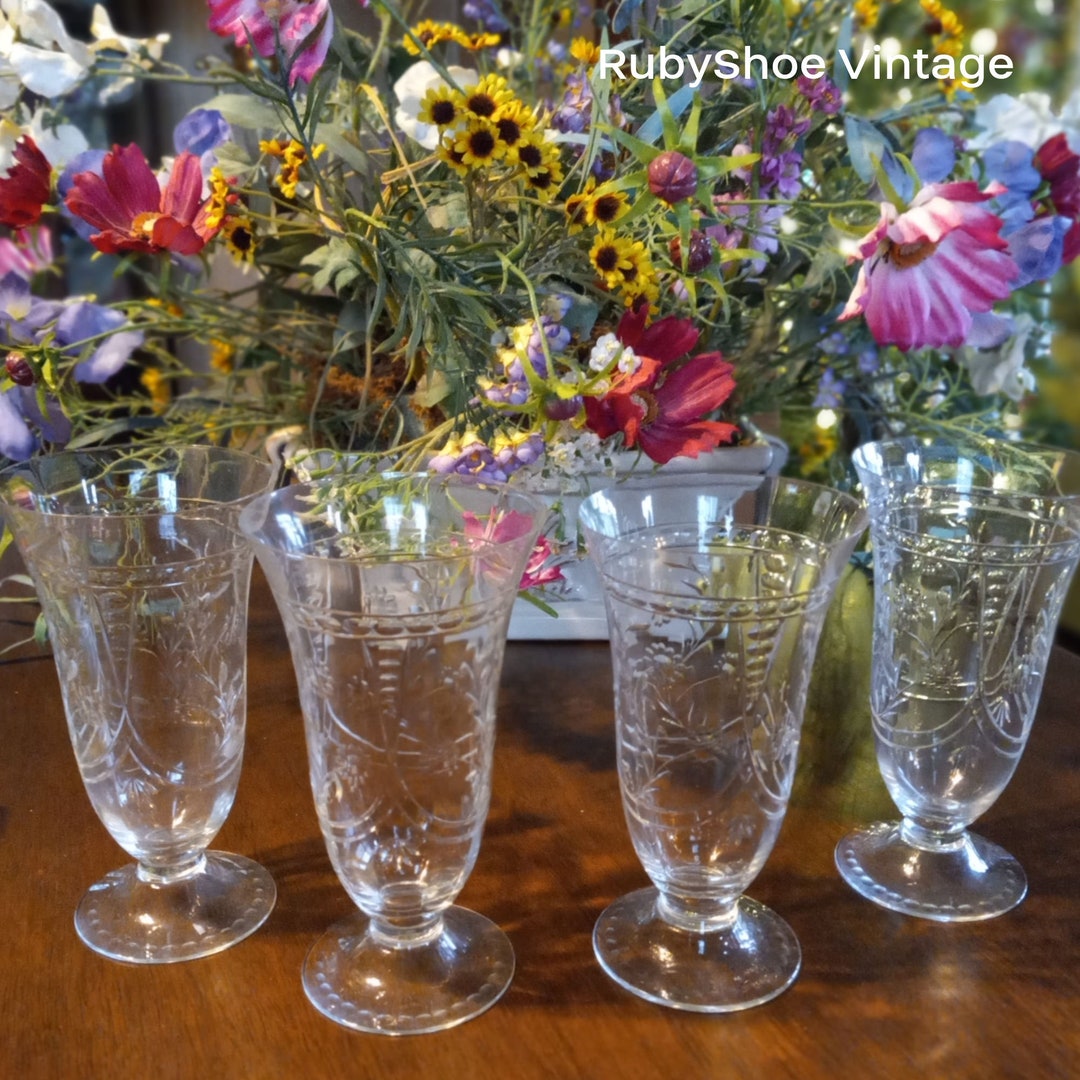 Etched Glass Parfait Glasses. Ice Tea Glassware. Set of 4. Elegant ...