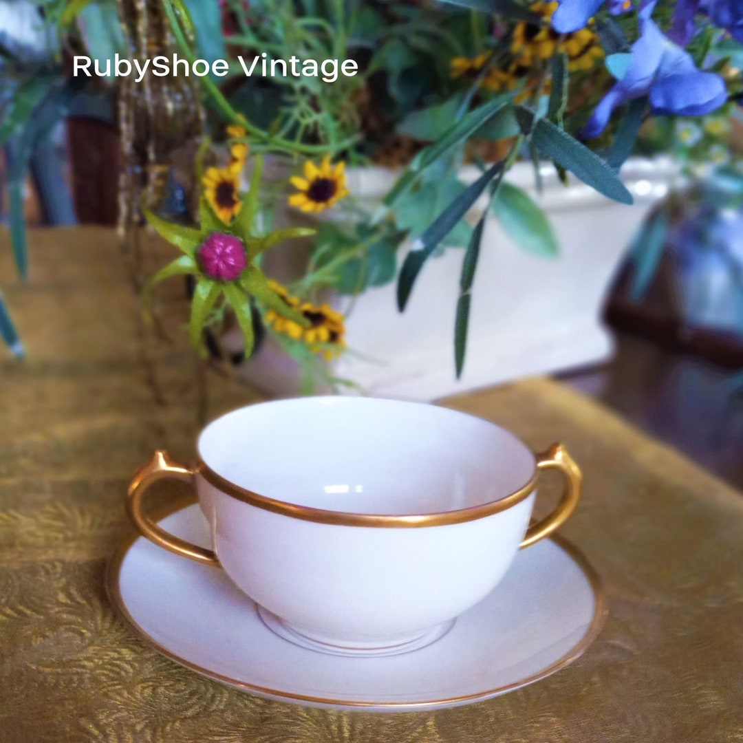Limoges Cream Soup Bowl Set: Handpainted Bouillon Cup, GOA France - Etsy
