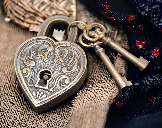 Set Vintage Love Heart Forever PADLOCK With SKELETON Keys Solid Brass ...
