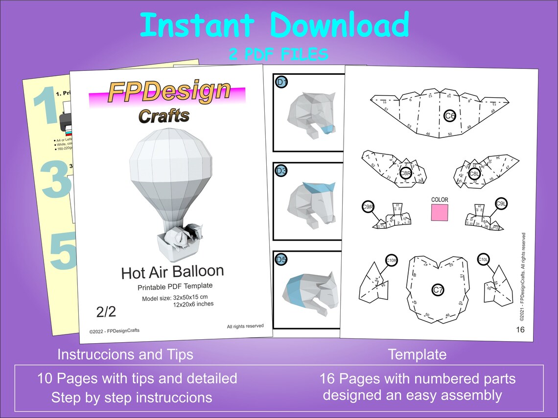 Hot Air Balloon Papercraft 3D DIY Origami Wall Decor Low Poly Paper ...