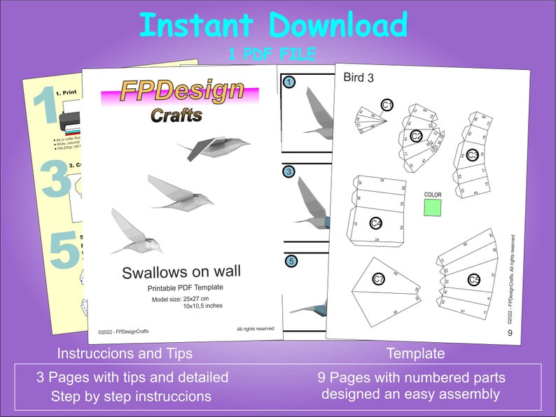 Swallows on Wall Papercraft Low Poly Birds 3D Origami Birds - Etsy