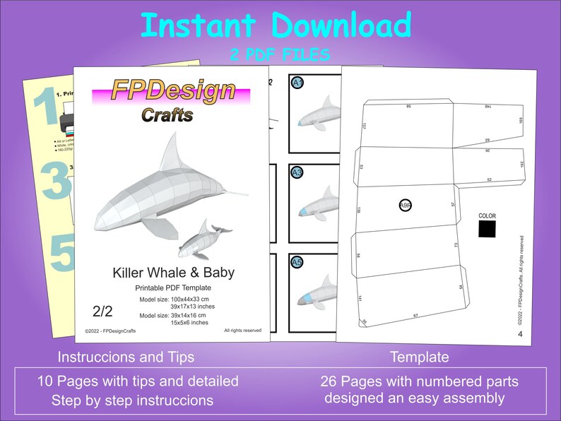 Killer Whale & Baby Papercraft, DIY Whale 3D, Low Poly Family of Whales ...