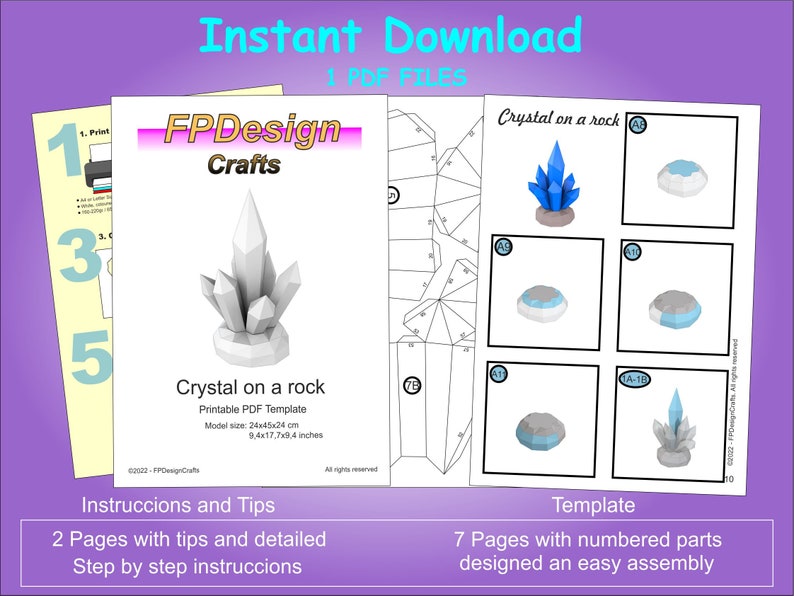 Crystal on a Rock Papercraft, 3D DIY Origami, Sculpture, Low Poly Gem ...