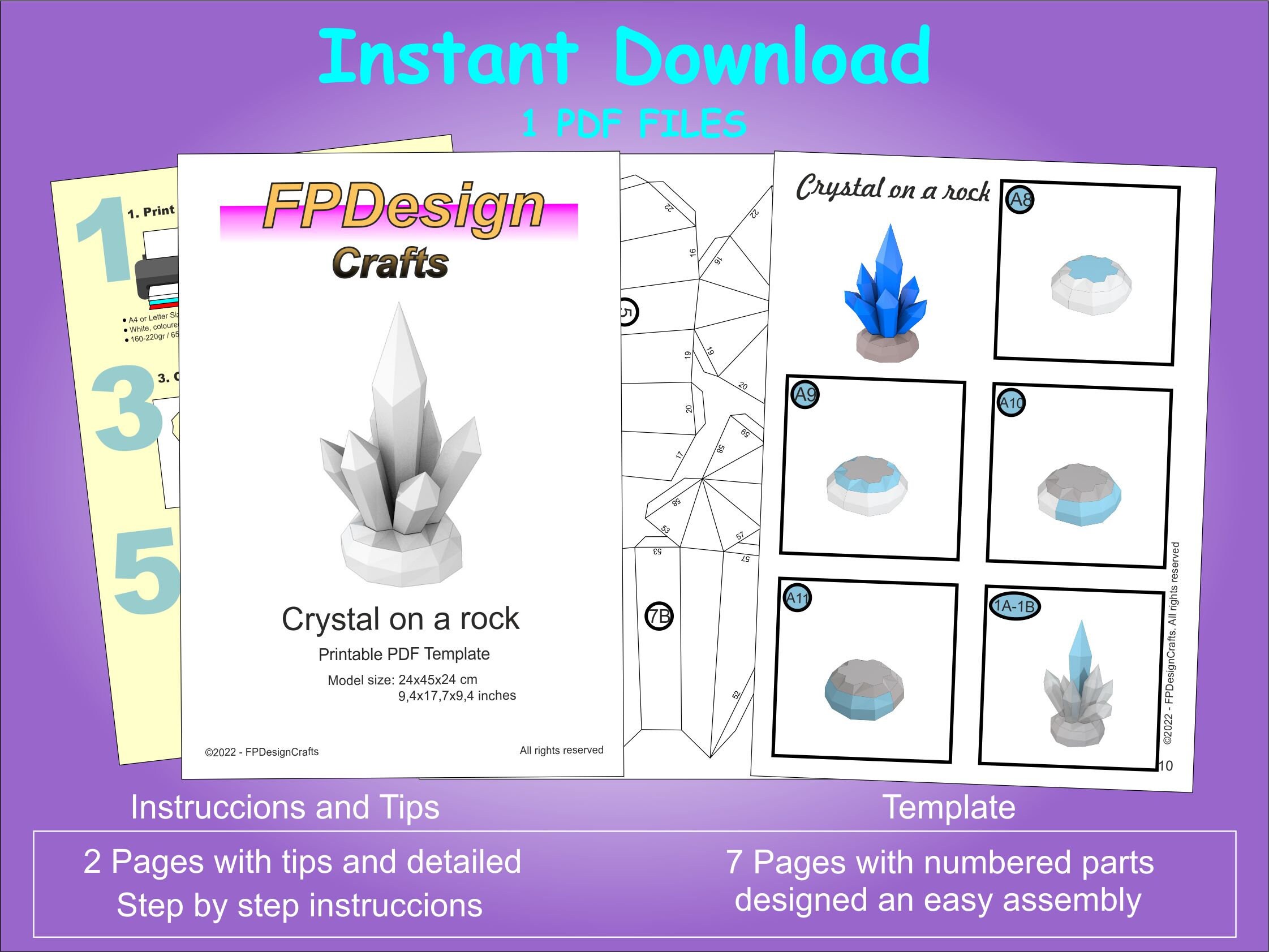 Crystal on a Rock Papercraft, 3D DIY Origami, Sculpture, Low Poly Gem ...