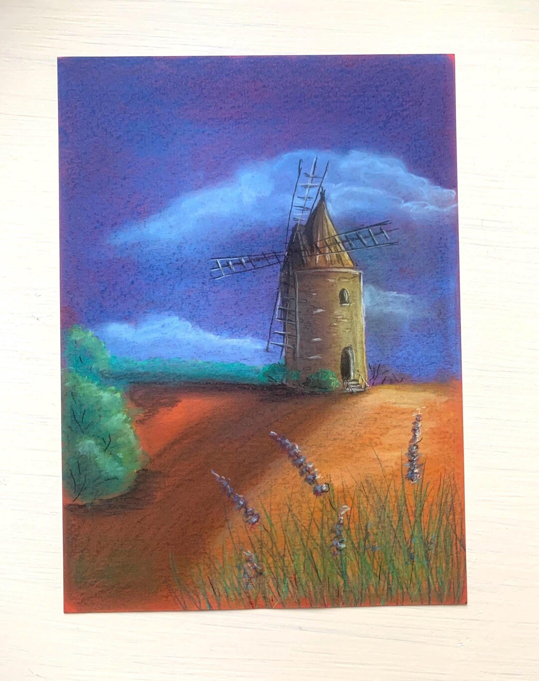 Original Pastel Landscape Art – Windmill Painting, Rustic Countryside ...