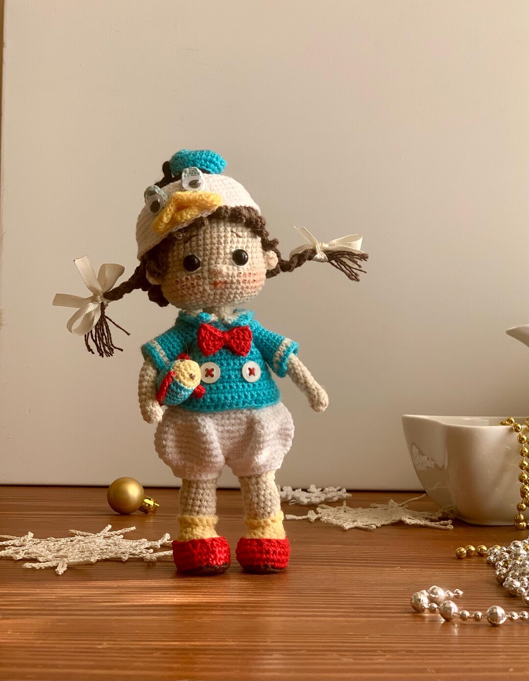 Knitted Doll Girl in a Duck Costume With a Fish Interior Toy Christmas ...
