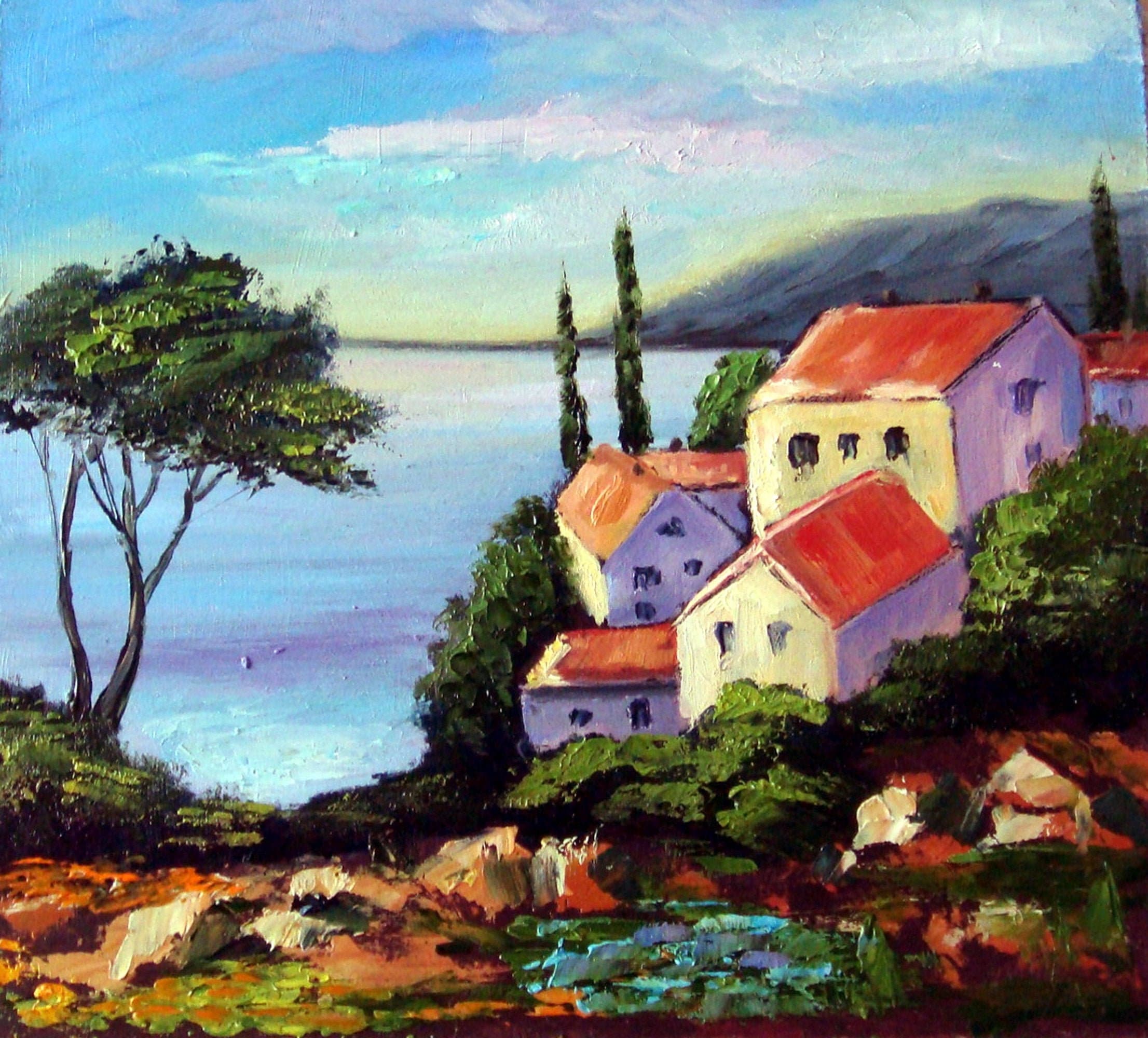 Coast of Italy Painting Village Painting Italian Riviera Art - Etsy