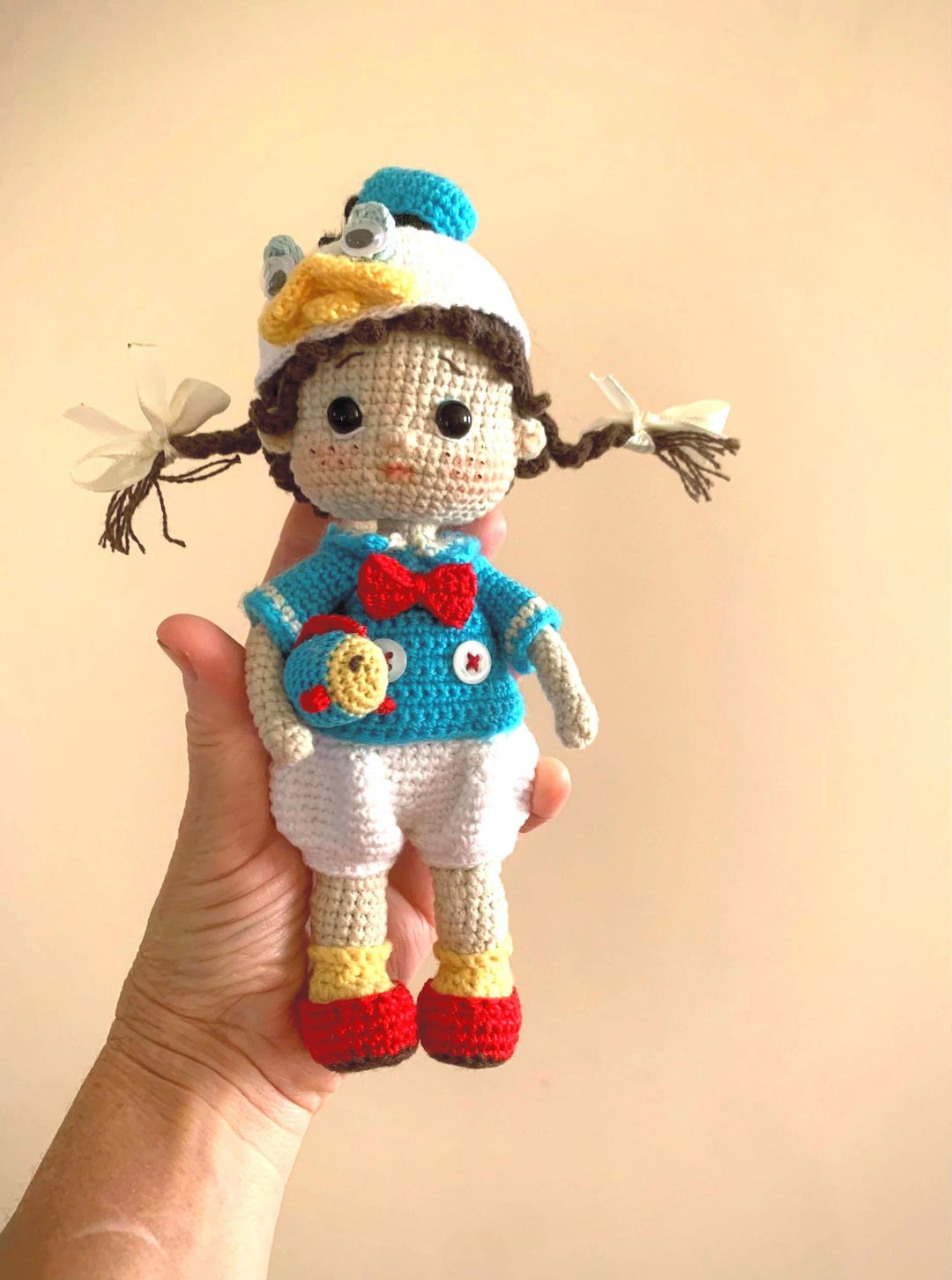 Knitted Doll Girl in a Duck Costume With a Fish Interior Toy Gift ...