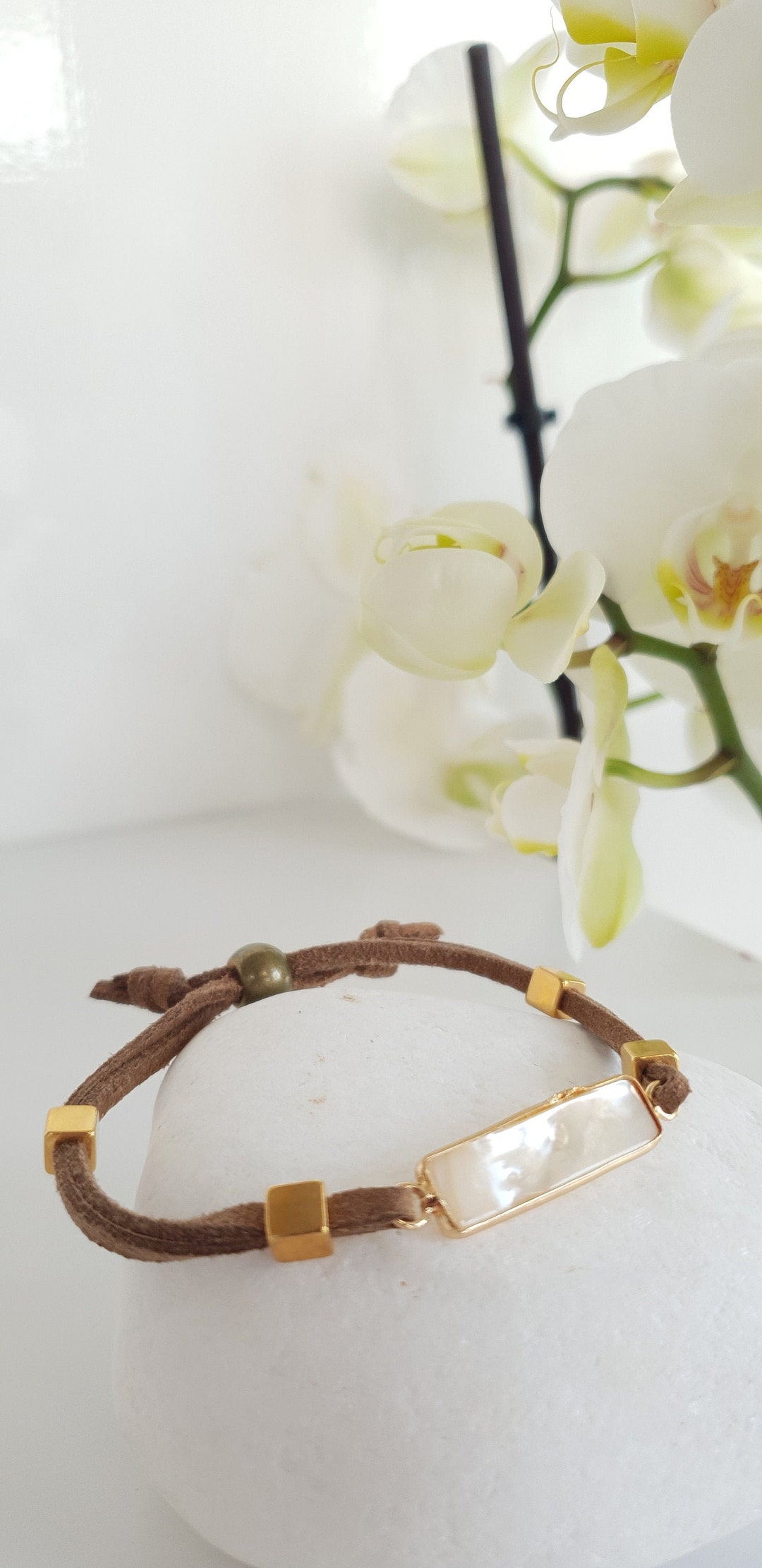 Suede Cord Bracelet, Adjustable Bracelet, Gold-ivory Decorations ...