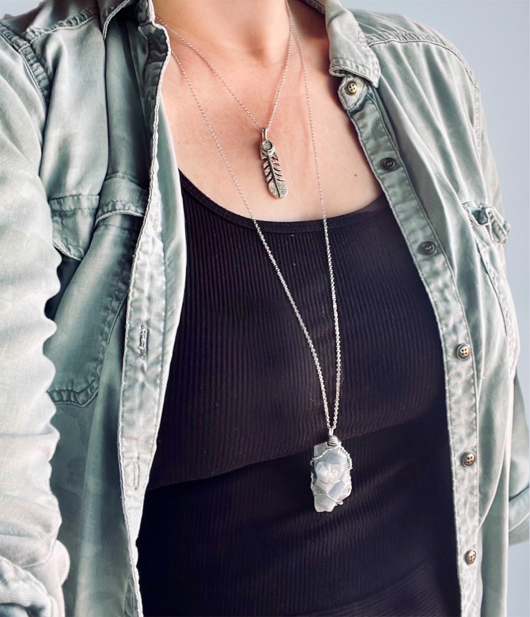 Feather Necklace, Blue Calcite Pendant, Healing Crystal Necklace ...