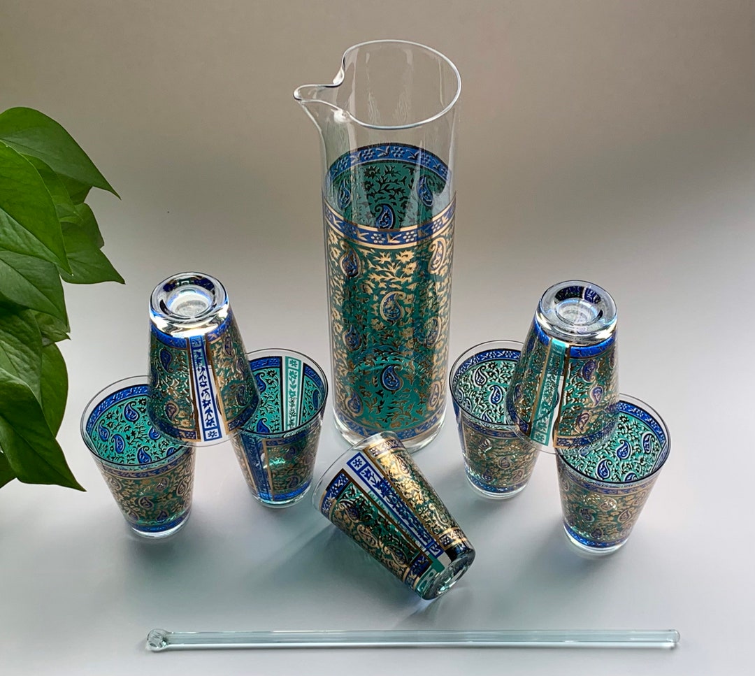 MCM 9 Piece Georges Briard Sari Paisley Cocktail Pitcher & Glass Set ...
