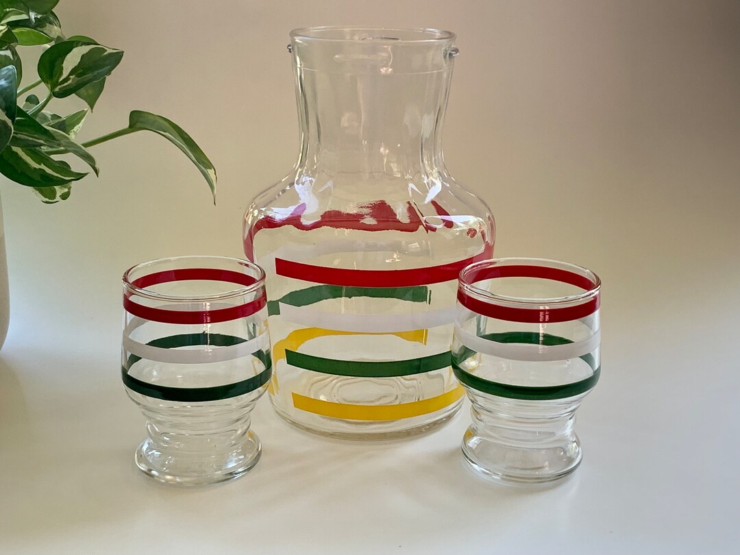 Vintage Anchor Hocking Glass Fiesta Stripe Juice Set *carafe & Tumblers ...