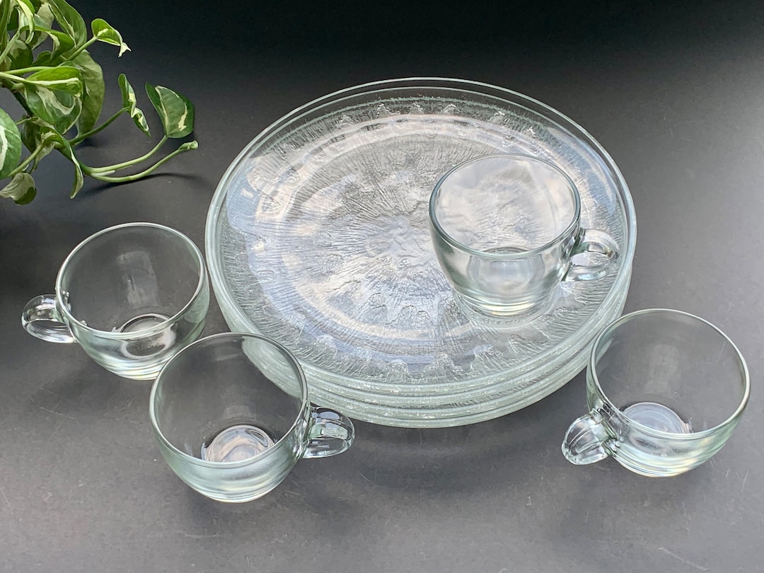 Vintage Indiana Glass Snack Sets *sunburst* Clear Textured Glass Plates ...