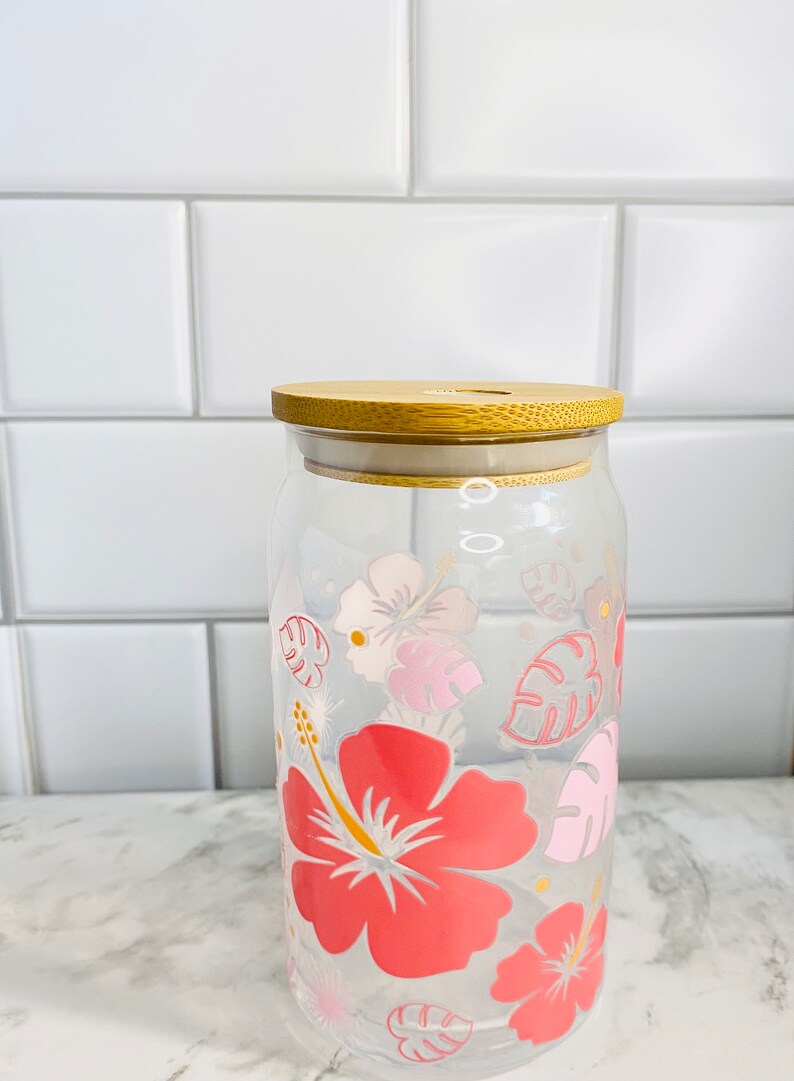 Hibiscus Glass Cup, Ice Coffee Cup, Hibiscus Glass Mug, Tropical Glass ...