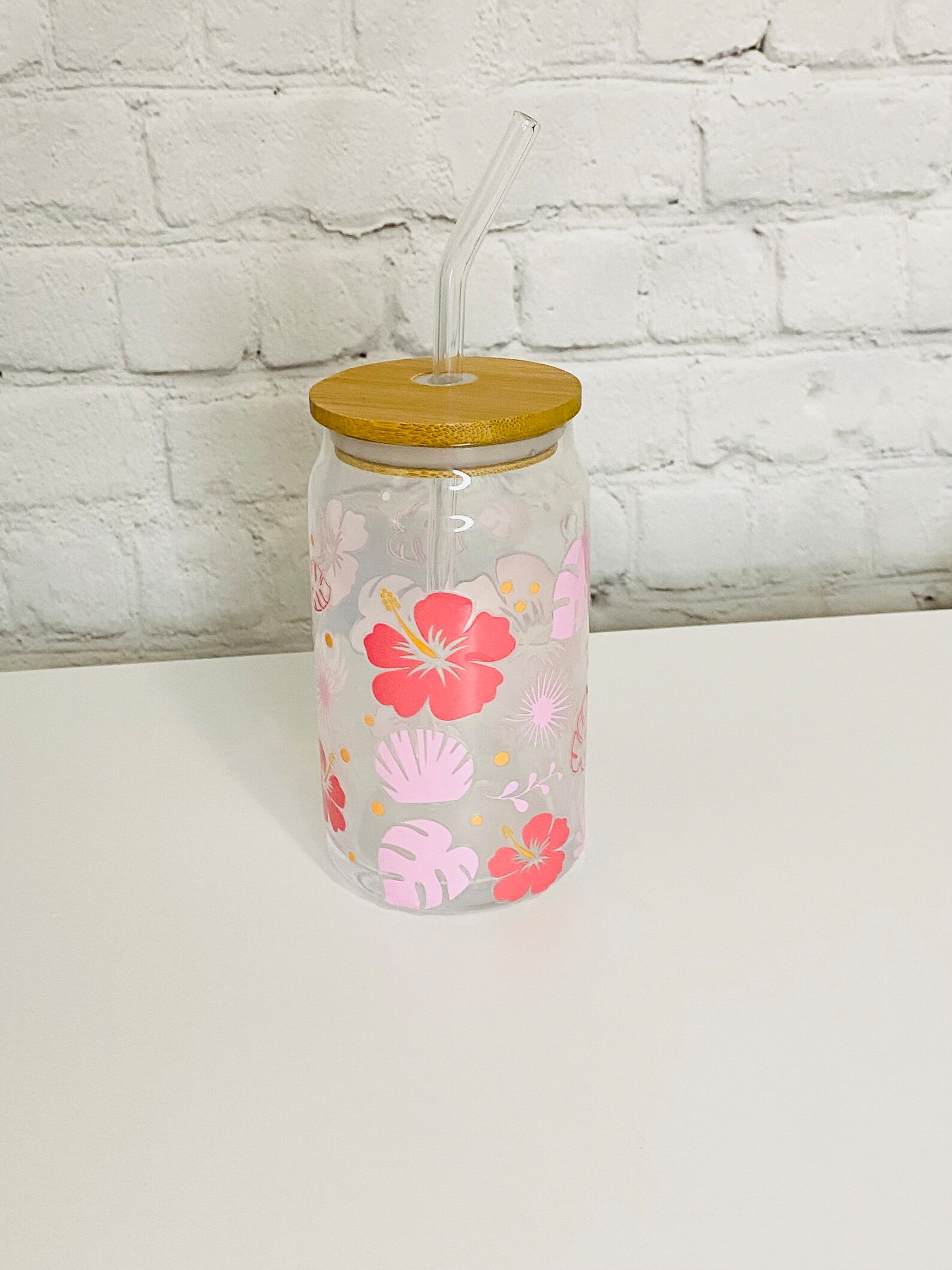 Hibiscus Glass Cup, Ice Coffee Cup, Hibiscus Glass Mug, Tropical Glass ...