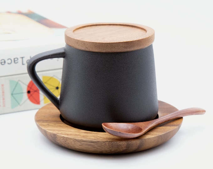 Ceramic Mug With Wooden Lid, Stirrer & Saucer - Etsy