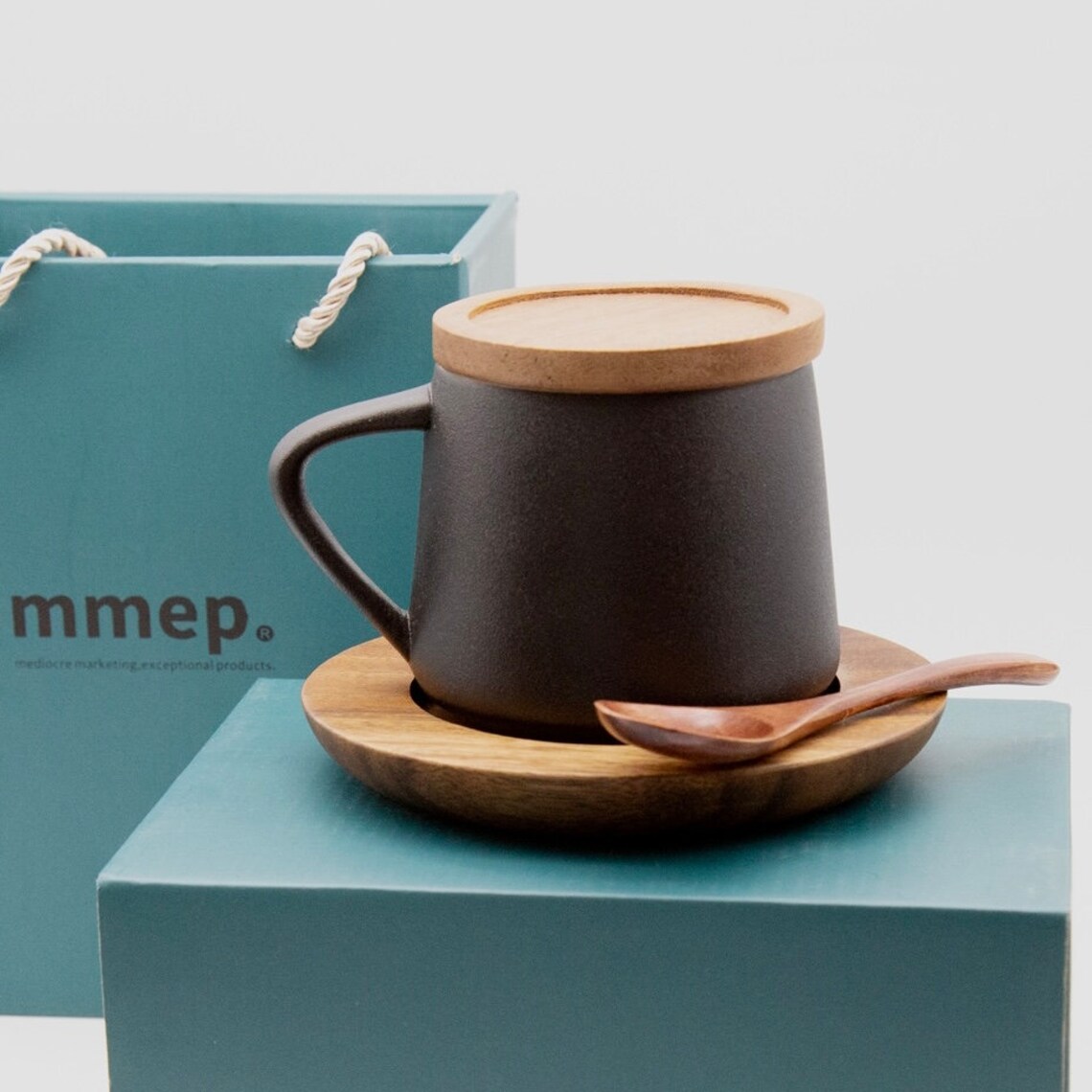 Ceramic Mug With Wooden Lid Stirrer & Saucer - Etsy