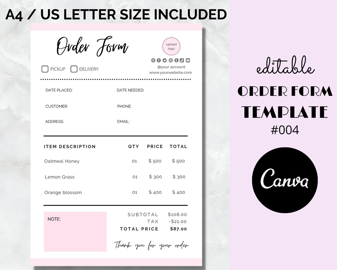 Editable Order Form Template, Printable Simple Order Form, Small ...