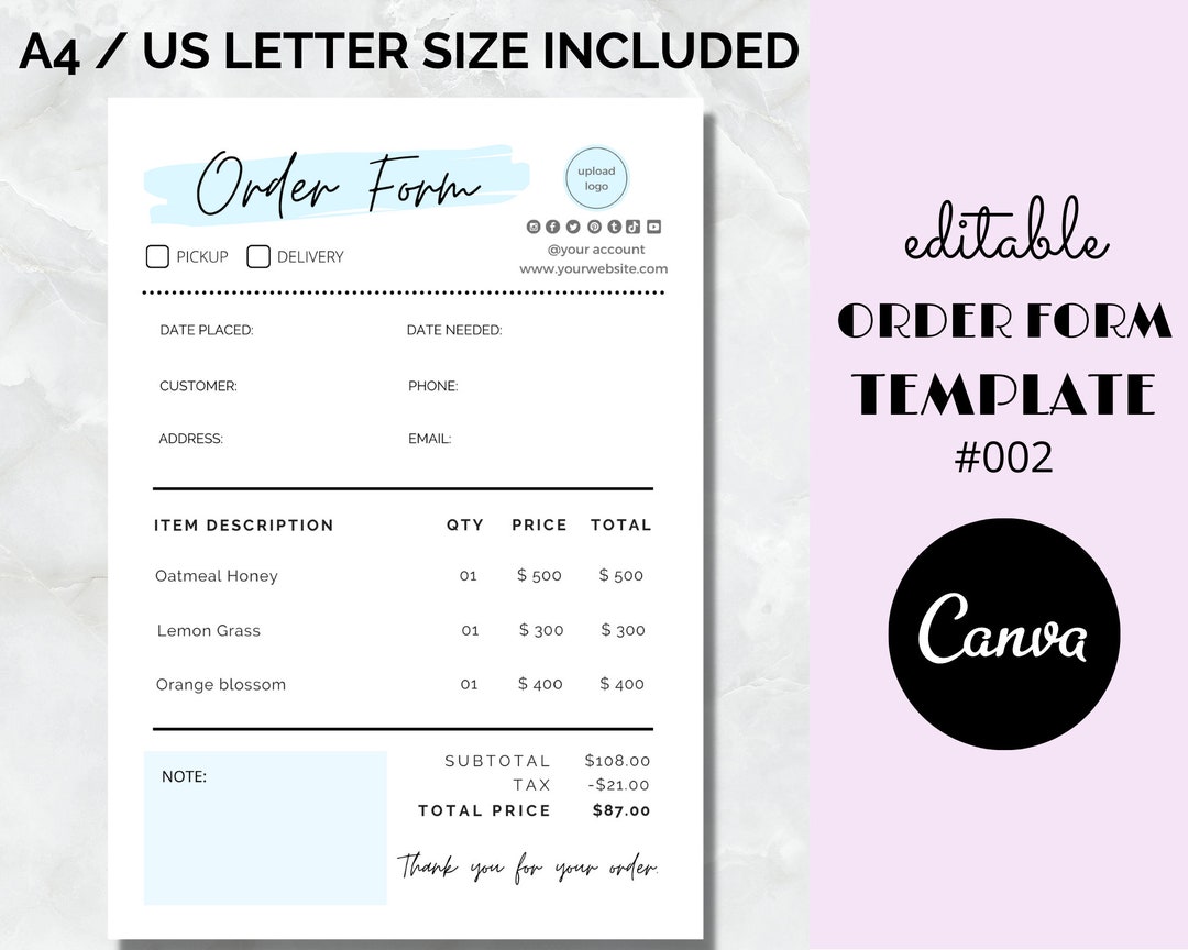 Editable Order Form Template, Printable Sky Blue Order Form, Small ...