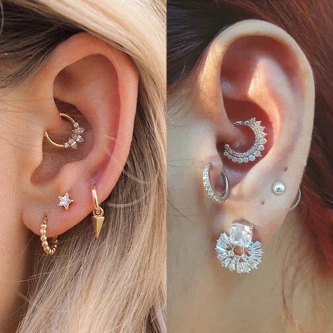 Silver Daith Earring, 925 Sterling Silver Daith Jewelry, CZ Gold ...