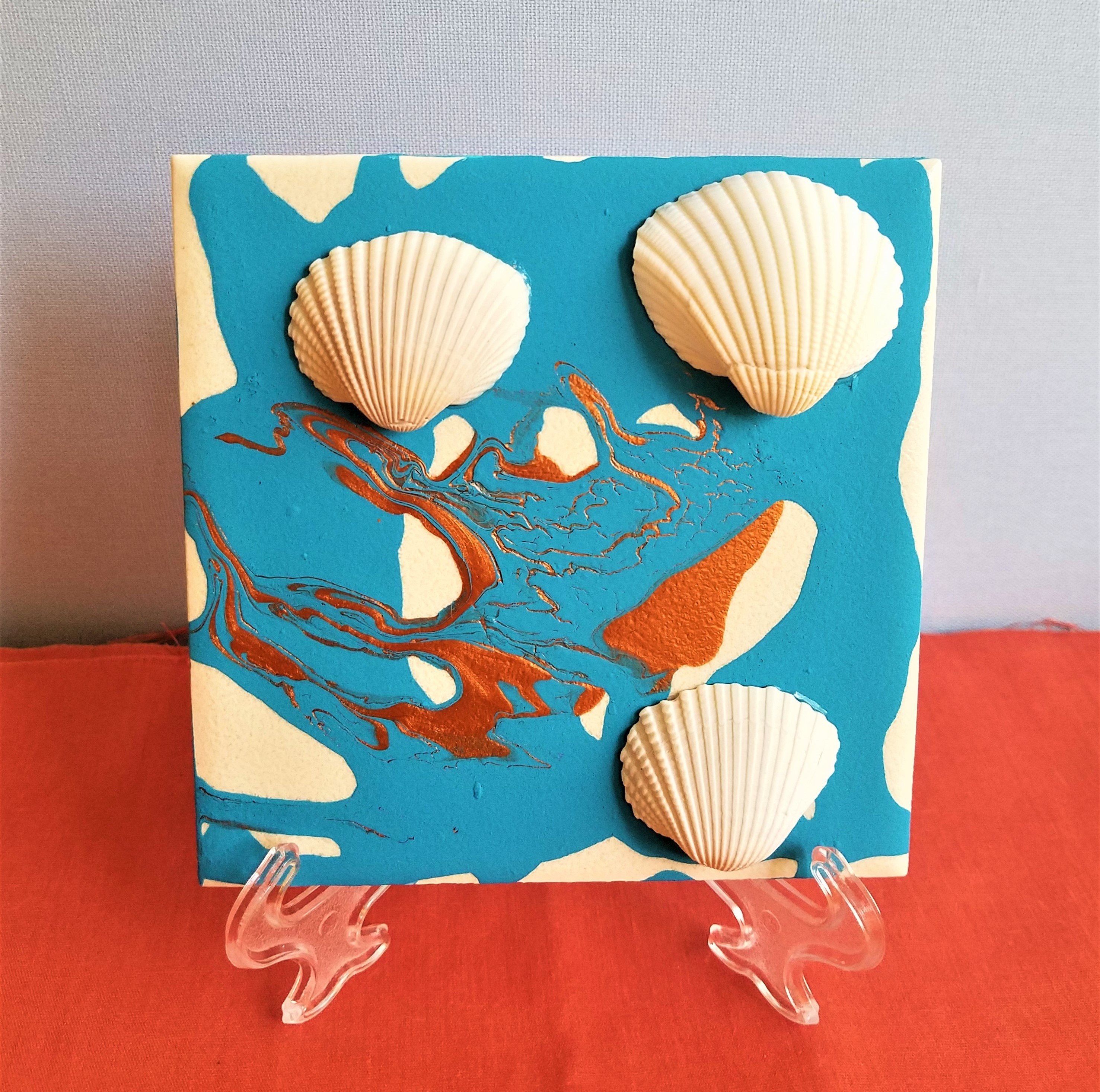Seashells on Teal and Metallic Copper Swirl Painted 4 X 4 Tile - Etsy