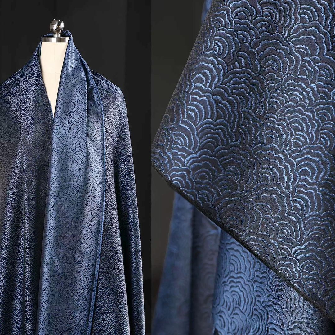 Blue Jacquard Fabric, Water Wave Pattern, Shiny Fabric, Brocade Fabric ...