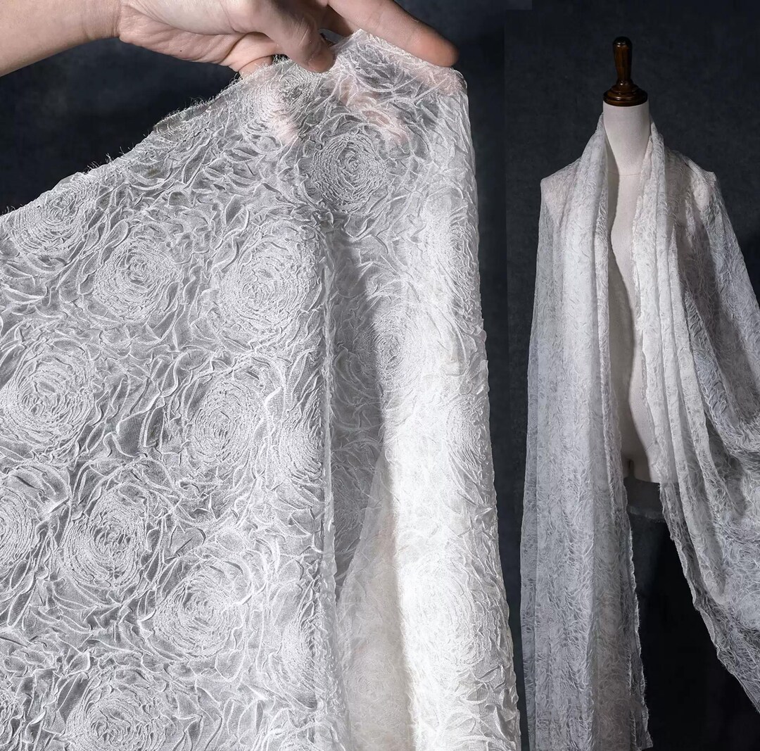 White Fabric, Rose Embossed Pattern, Pleated Fabric, Tencel Yarn Fabric ...