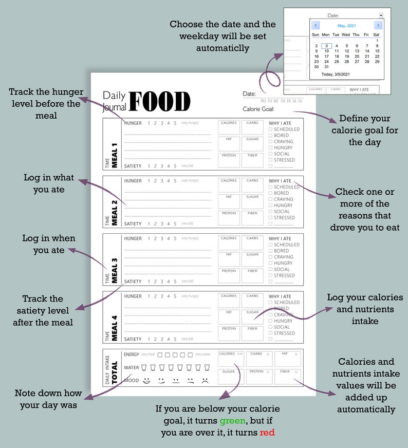 Daily Food Dairy | Digital Fitness Planner | Daily Food Journal | Diet ...