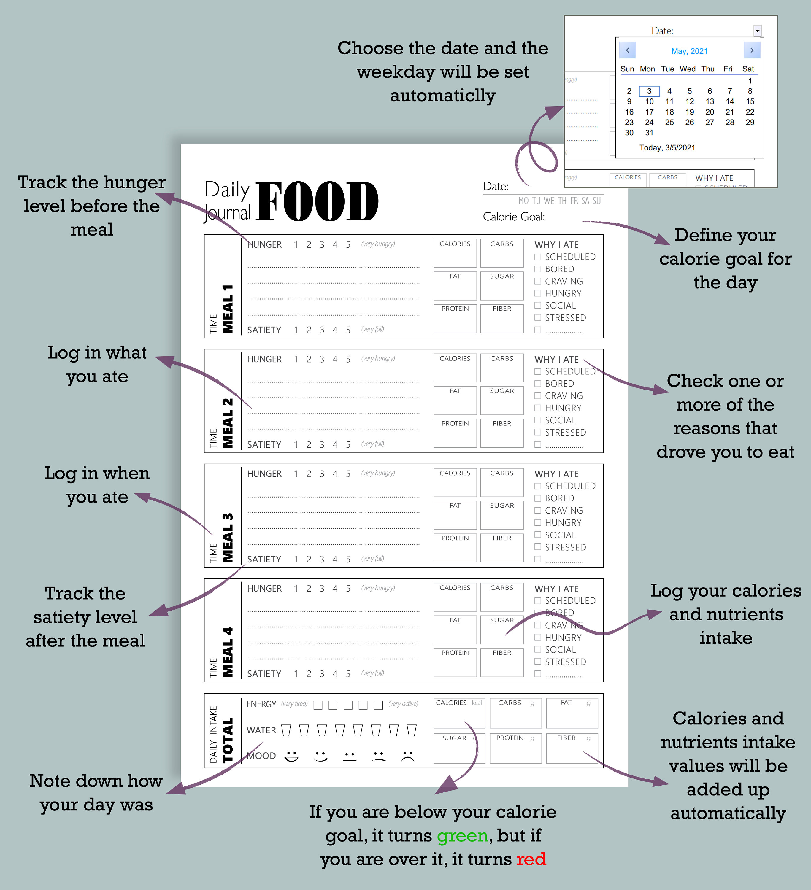 Daily Food Dairy | Digital Fitness Planner | Daily Food Journal | Diet ...