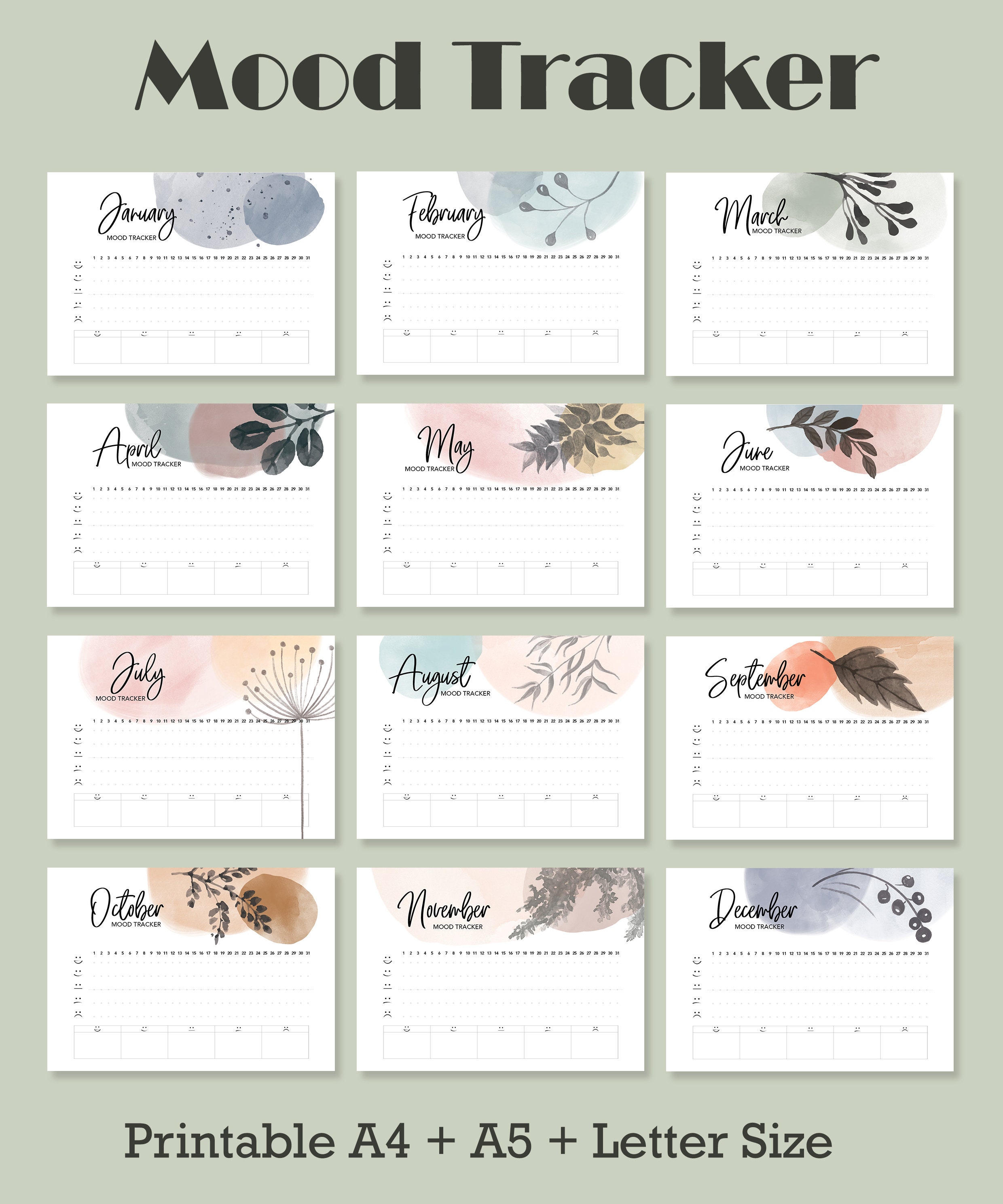 Monthly Mood Tracker Printable, Wellness Planner, Bullet Journal ...
