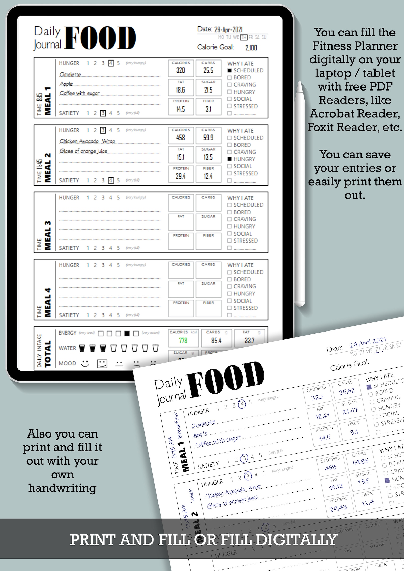 Daily Food Dairy Digital Fitness Planner Daily Food Journal Diet ...
