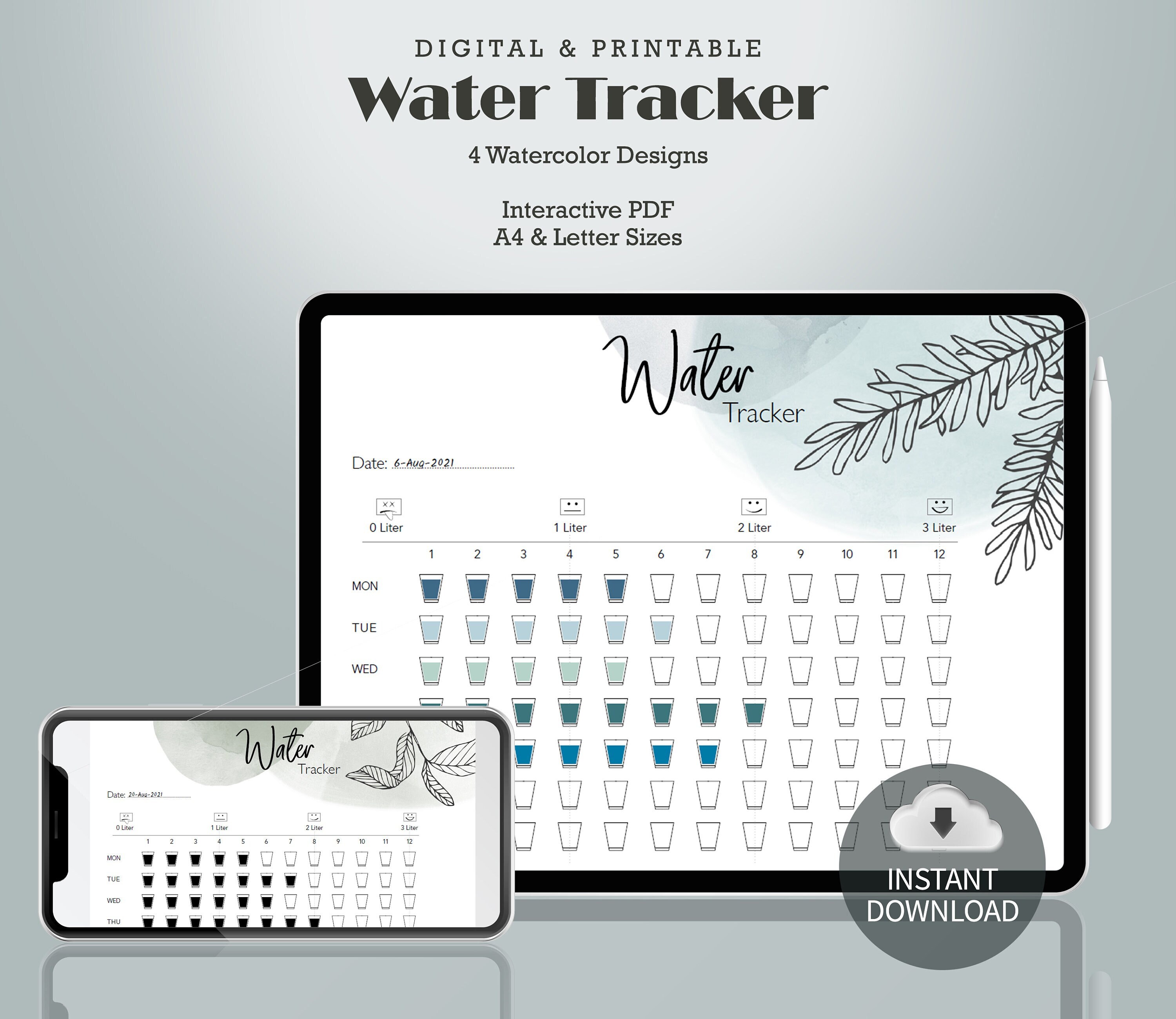 Digital Hydration Tracker Water Intake Printable Water Tracker Digital ...