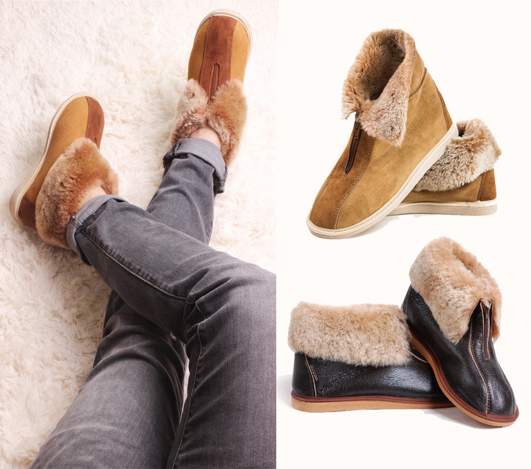 Handcrafted for Men Women Unisex Genuine Sheepskin Zip Boot Slippers ...
