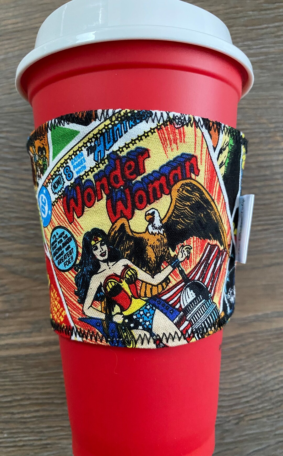 Wonder Woman Coffee Sleeve Reusable Reversible Cup Cozy DC Comic Print ...